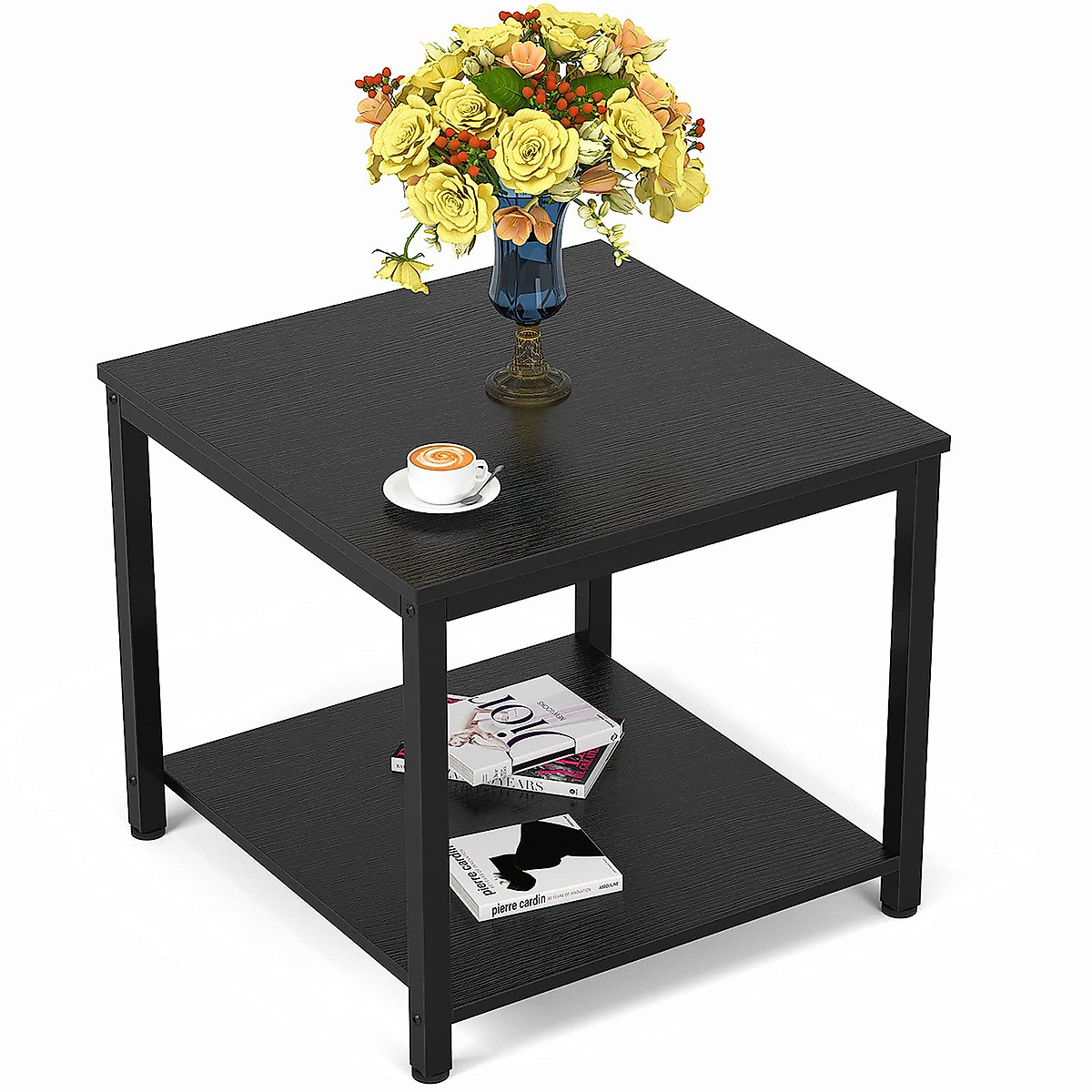 Homieasy Side Table 20 Inch Square, 2-Tier Coffee Tea End Table Nightstands for Sofa Couch Bed, Metal Wood Accent Modern Simple Industrial Style Side Table for Living Room Bedroom, Black