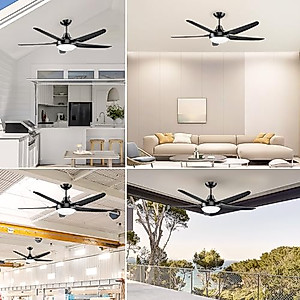 CJOY Ceiling Fan with Lights for Living Room, 53 Inch Modern Ceiling Fan with 5 Reversible Blades, Dimmable LED, Remote Controls, Black Ceiling Fan Bedroom, Outdoor Ceiling Fans for Patios, 6-Speed