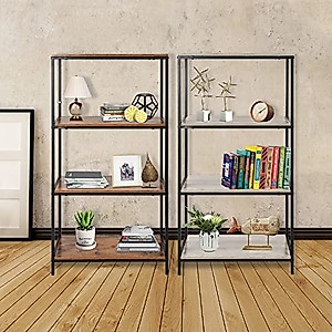 Acehome 4 Tier Bookshelf, 45" Tall Bookshelves and Bookcases, Industrial Bookcase Shelf Storage Organizer, Rustic Wood and Metal Standing Bookshelf for Living Room, Bedroom and Home Office, Grey