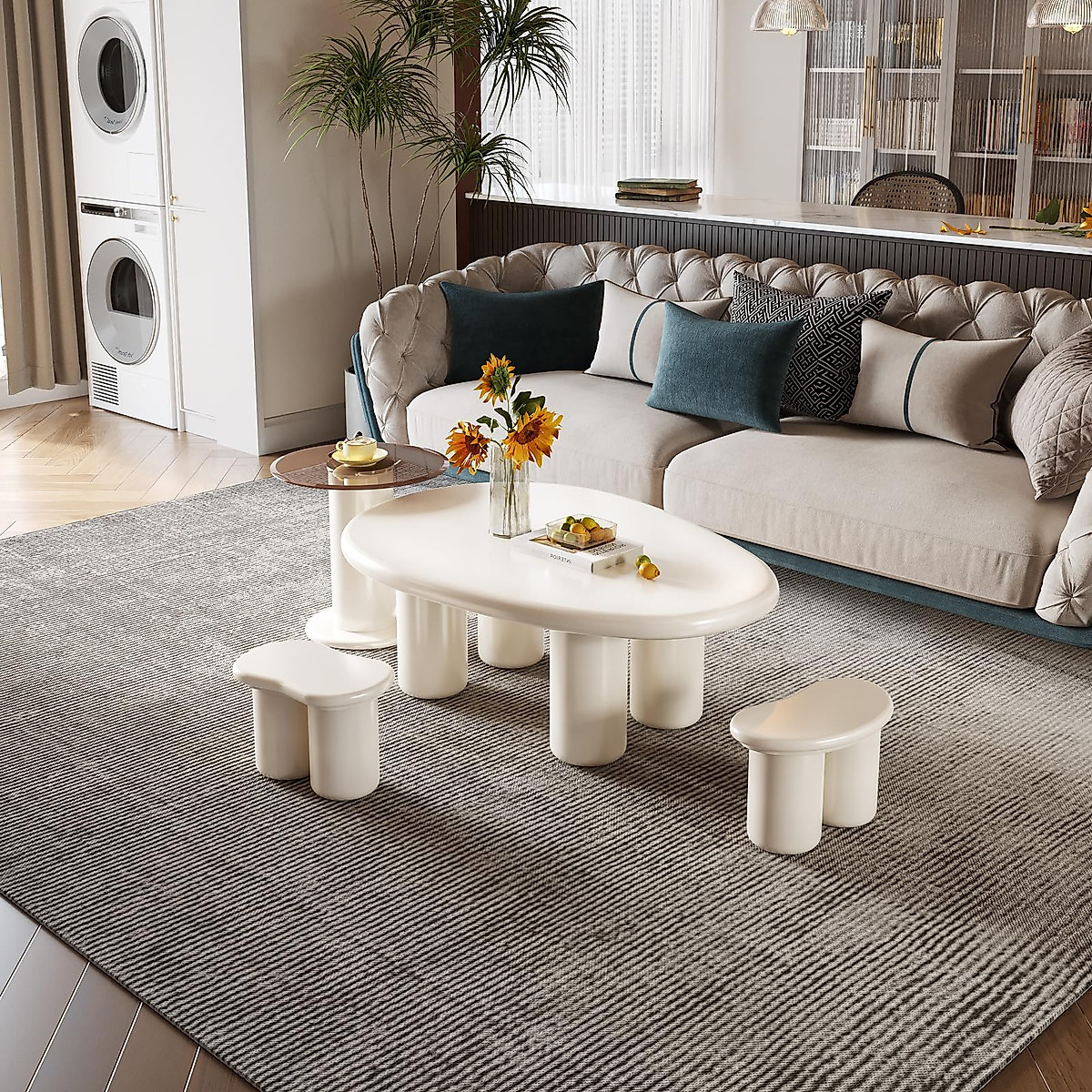 Guyii Nesting Coffee Table Set with 2 Stools, Combination Center Table with Irregular Coffee Table and Round Glass End Table, Modern Side Table for Living Room, Small Spaces, Easy to Assemble