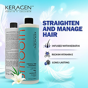 KERAGEN - Brazilian Keratin Smoothing Treatment, Blowout Straightening System for Dry and Damaged Hair, Formaldehyde Free, 16 Oz - Eliminate Curls and Frizz, Fine to Medium Hair
