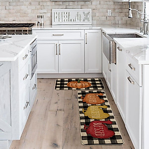 Artoid Mode Buffalo Plaid Pumpkin Turkey Thanksgiving Decorative Kitchen Mats Set of 2, Fall Home Low-Profile Floor Kitchen Rugs-17x29 and 17x47 Inch