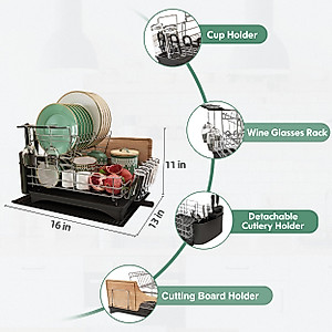 Qienrrae Dish Drying Rack, 2 Tier Large Rack and Drainboard Set with Swivel Spout, Stainless Steel Drainer for Kitchen Counter Wine Glass Holder, Utensil Mat