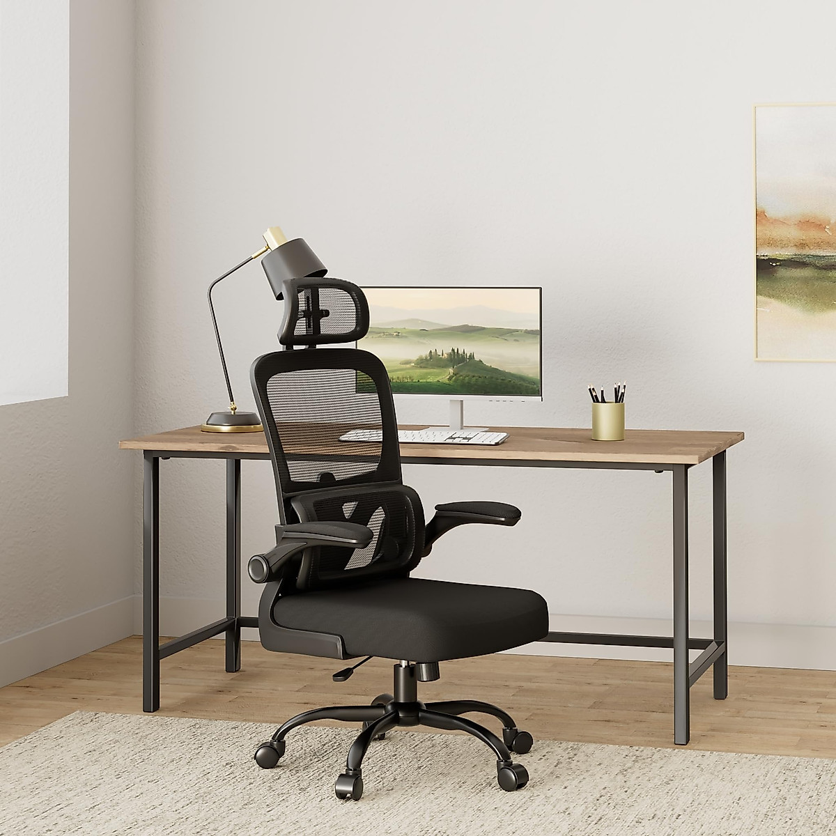 Laziiey Home Office Desk Chairs Ergonomic Chair with Lumbar Support Flip Up Arms Mesh Computer Chair with Comfortable Wide Seat Adjustable Headrest (Black)