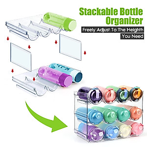 Water Bottle Organizer for Cabinet, 3 Packs Stackable Plastic Water Bottle Storage Holder, Wine Drink Racks for Kitchen Fridge Pantry Refrigerator,Cup Tumbler Organization Shelf- Clear