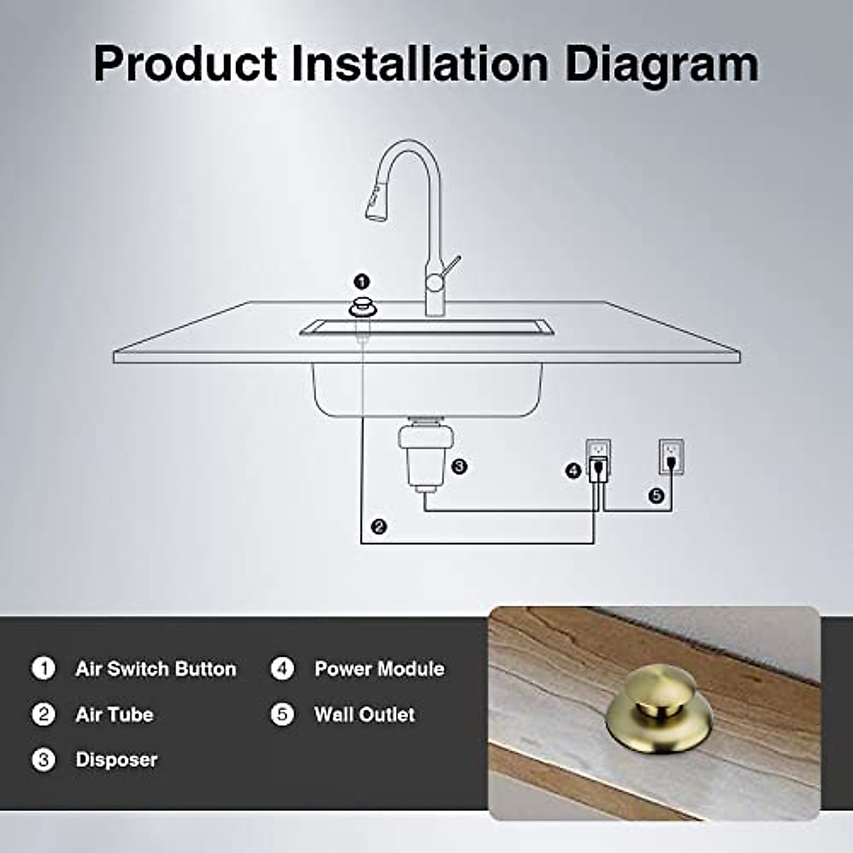 Brushed Gold Garbage Disposal Air Switch Kit with Single Outlet Sink Top Waste Disposal Solid Brass On/Off Air Button Food and Waste Disposals Part