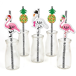 Big Dot of Happiness Flamingle Bells - Paper Straw Decor - Tropical Flamingo Christmas Party Striped Decorative Straws - Set of 24
