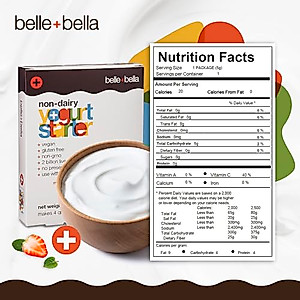 Belle + Bella Non-Dairy Vegan Yogurt Starter - Gluten Free, No Added Sugar, Non GMO - Makes 4 Quarts Vegan Yogurt - 2 Billion Live Cultures - Mix with Any Dairy Free or Dairy Milk - 1 Box