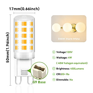 TJOY 12 Pack G9 LED Bulb 4W Equivalent 40 Watt, Replacement G9 Halogen Light Bulb, 3000K Soft Warm White, Small Light Bulb for Chandelier, Type G9 T4 Bi-pin Base, 120V Energy Saving Bulb, Non-dimmable