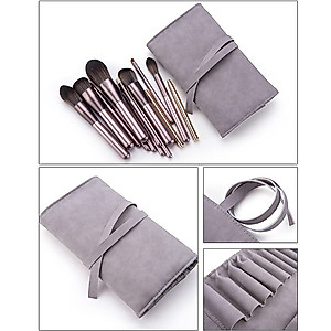 JAMEND CLXP 14 Pockets Makeup Brush Travel Rolling Case Gray Waterproof Cosmetic Travel Bag Brushes Pouch Holder, Premium Leather Brush Organizer with Belt Strap for Women Girls, NO BRUSHES.