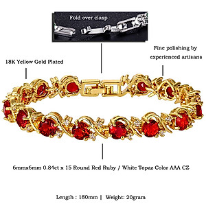 RIZILIA BLOSSOM Tennis Bracelet & Round Cut CZ [Simulated Red Ruby] in Yellow Gold Plated, 7"