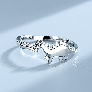 Silvery Dinosaur Open Band Ring for Women Man Fashion Punk Statement Expandable Adjustable Unisex Animal Dragon Stegosaurus Finger Rings Comfort Fit Dainty Birthday Jewelry for Friend
