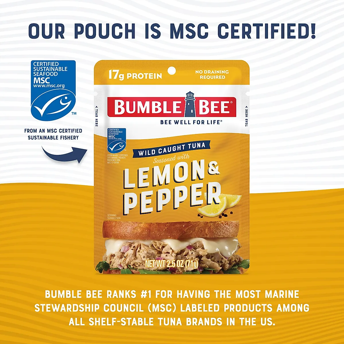 Bumble Bee Lemon & Pepper Seasoned Tuna, 2.5 oz Pouches (Pack of 12) - Ready to Eat - Wild Caught Tuna Packet - 17g Protein per Serving - Gluten Free