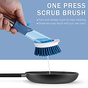 NileHome Dish Brush with Soap Dispenser Dish Scrubber with 4 Replaceable Heads Kitchen Dish Scrub Brush with Stainless Steel Handle Dish Cleaning Brush Dish Wand for Dishes, Pots…