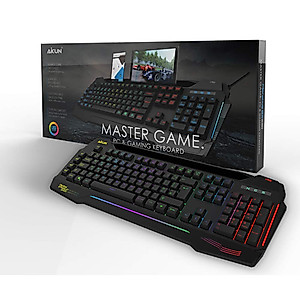 AIKUN Full Size Membrane Gaming Keyboard With 4 Macro Gaming keys,Voice Sensitive Rainbow Backlit,26 Anti-Ghosting Keys,Audio and USB Passthrough,Spill Resistant, Mobile Device Slot,Multimedia Control