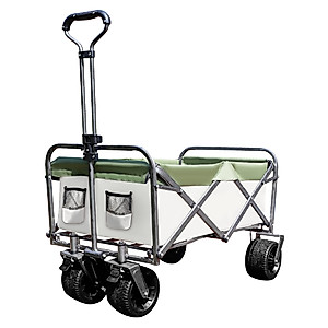FRANSOUL Collapsible Foldable Wagon, Utility Wagon Garden Trolley Cart Adjustable Handle All-Terrain Beach Wheels & Drink Holders, for Shopping Outdoor Camping Beach Garden, Green+White