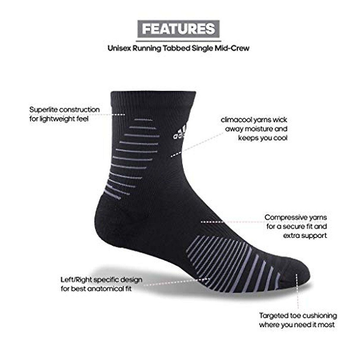 adidas Running Mid-Crew Socks (1-Pair), Black/Onix Grey/Silver Reflective, Medium