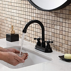 UFaucet 4 Inch Centerset Matte Black Bathroom Faucet, 2 Cross Handle 3 Hole RV Camper Bathroom Sink Faucet, 360° Swivel Spout Stainless Steel Lavatory Basin Bath Vanity Without Accessories Only Faucet