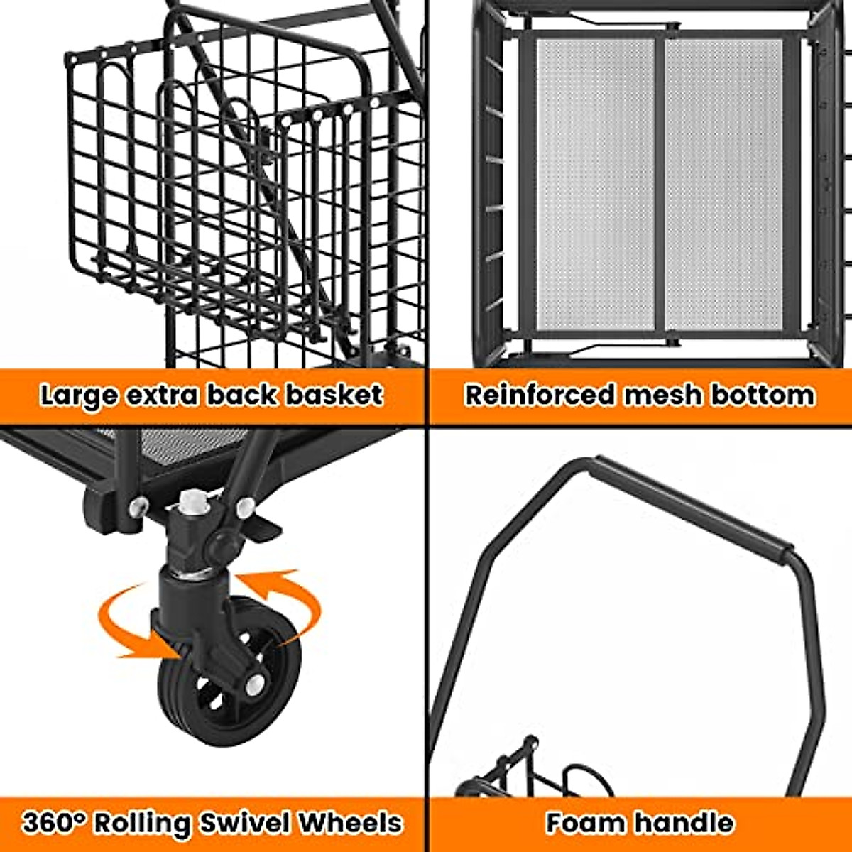 [2023 Upgrade] Shopping Cart with 360°Swivel Wheels,Waterproof Liner, Double Basket,Portable Foldable Grocery Cart, Folding Utility Shopping Carts for Seniors,Groceries,Laundry,Transport