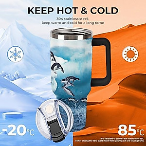 Niapessel Leak Proof Tumbler, Insulated Water Bottles with Straw, Penguin Group Into Ocean Insulated Cup with Handle 40 Oz Stainless Steel Flask for School, Travel, Car, Sports, Work
