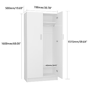 Panana 2 Door Wood Wardrobe Cabinet Closet with Hanging Rail and 2 Shelves, Bedroom Armoire for Storage (White)
