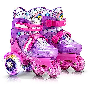 SULIFEEL Adjustable Roller Skates for Girls Boys Kids,Fun Illuminating Light Up Flash Wheels Three-Point Type Balance Suitable for Beginners Indoor Roller Skating Purple & Pink Size X-Small