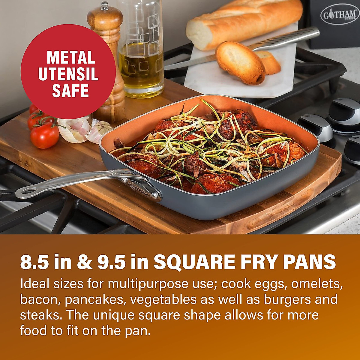 GOTHAM STEEL Non Stick Frying Pan, 8.5" 9.5” Square Ceramic Frying Pan Nonstick Set, Nonstick Cooking Pan, Induction Frying Pan, Egg Pan, Stay Cool Handle, Dishwasher & Oven Safe, 100% Toxin Free