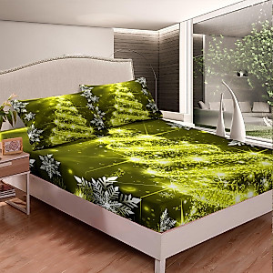 Christmas Tree Bed Sheets Full Size Christmas Themed Fitted Sheet 3 Piece Happy New Year Xmas Bed Set White Snowflake Winter Themed Bedding Set Santa Claus Gifts Bedding