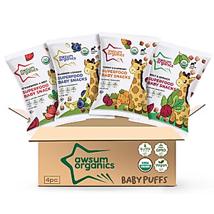 Awsum Organics Baby Snacks - Happy Healthy Baby Food - Snack for babies - Vegan Kosher Gluten Free - Natural Plant Based Protein Puffs - Non-Allergy - No Added Sugar 0.75 Oz Bag (Variety, 4 packs).