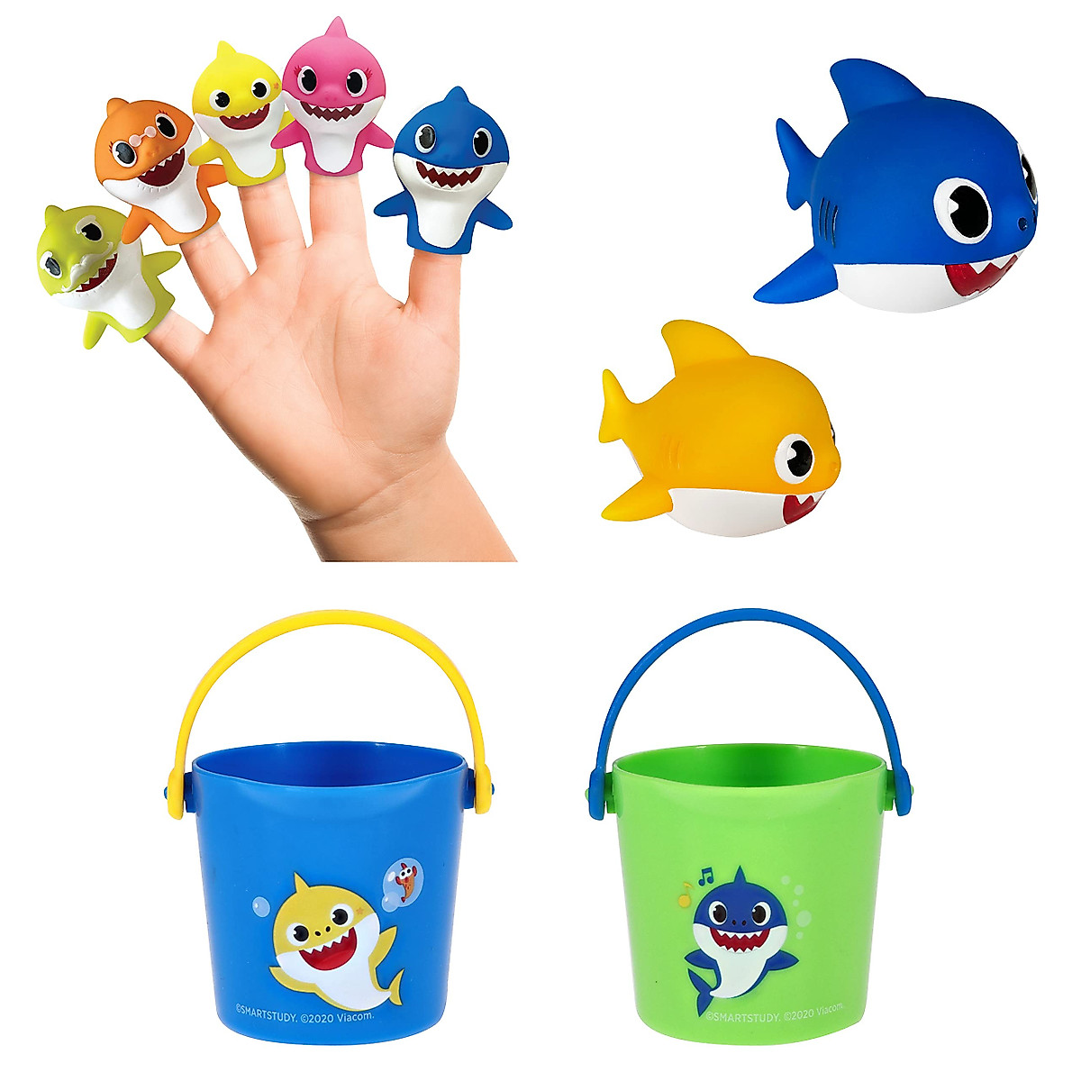 Nickelodeon Pink Fong Baby Shark Bath Toys Set for Children's Tub Time - Cups, Finger Puppets, and Bath Squirters, Blue/Green, 9 Pieces