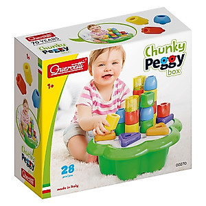 ASO Quercetti Chunky Peggy Stacking Toy - 28-Pieces Including 2 Rattle Pegs, Sturdy Daisy Basket Design with Built-in Storage, for Toddlers and Kids Ages 1 Year and up