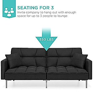 Best Choice Products Convertible Linen Fabric Tufted Split-Back Plush Futon Sofa Furniture for Living Room, Apartment, Bonus Room, Overnight Guests w/ 2 Pillows, Wood Frame, Metal Legs - Black