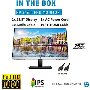 HP New Premium 24mh Series Monitor: 24" FHD IPS Display, Built-in Speakers, VESA Mounting, Height/Tilt Adjustment, HDMI, VGA, DisplayPort, 75Hz Refresh Rate, TF-HDMI Cable