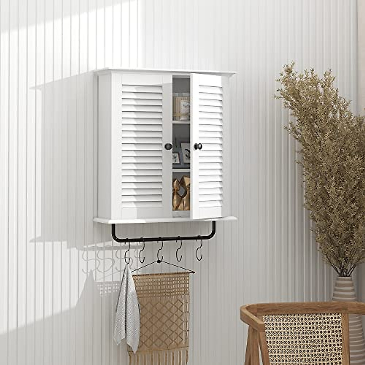 TaoHFE Bathroom Cabinet Wall Mounted White Designer Bathroom Wall Cabinet Medicine Cabinet with Double Shutter Doors 3 Tier Adjustable Shelf with Towel Rack Over The Toilet Storage Cabinet Laundry