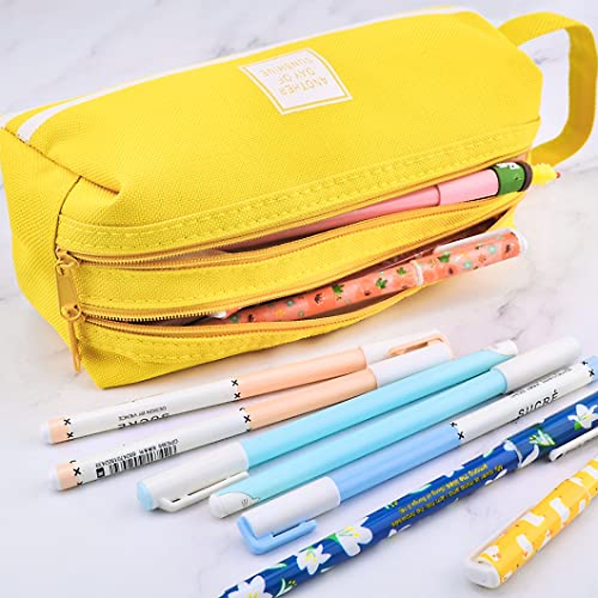 Rolin Roly Yellow Pencil Case Lager Capacity Pen Bag Stationery Storage Case Double Zipper Canvas Pen Box with Handle Organizer Makeup Cosmetics Adults Students Business Office