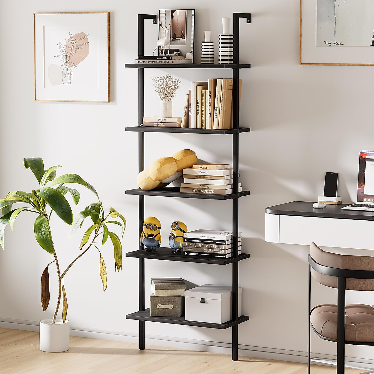 aboxoo Ladder Shelf 2PCS Open Bookshelf 5-Tier Wood Wall-Mounted Black Bookcase Storage Rack Open Industrial Modern Plant Stand Utility Organizer Bookcase Metal Frame Furniture Office Kitchen Bedroom