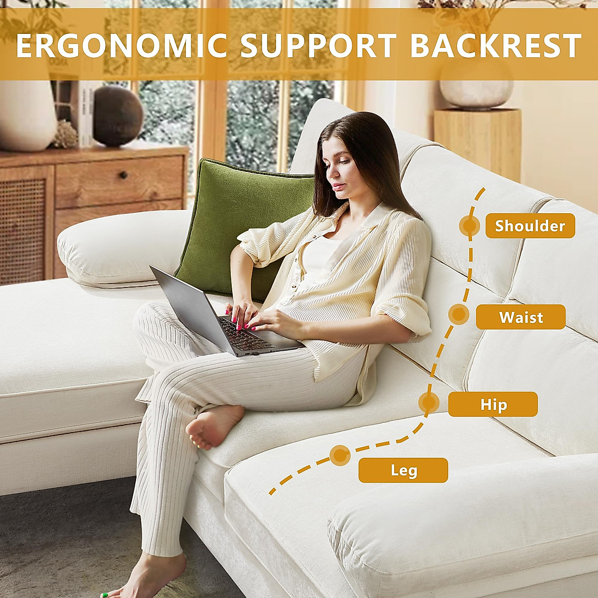 Ihanherry 85” Convertible Sectional Sofa Couch, 3 Seat Sofa for Living Room L-Shaped Modern Chenille Fabric Modular Sofa Reversible Wide Chaise & Fluffy Armrests for Apartment (Beige)