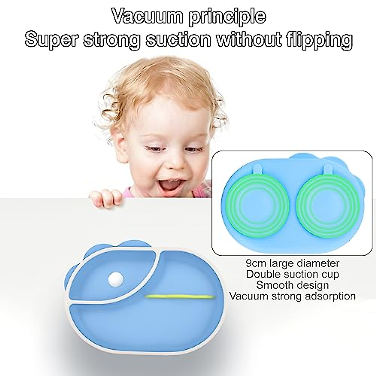 Qshare Baby Suction Plates,Suction Plates for Baby,Toddler Plates,Silicone Baby Plates,Children Divided Plate,Toddler Plate Microwave & Dishwasher Safe (Blue)