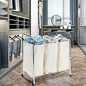 Seville Classics Laundry Hamper Sorter Cart Mobile Premium 3-Bag Heavy-Duty, Chrome