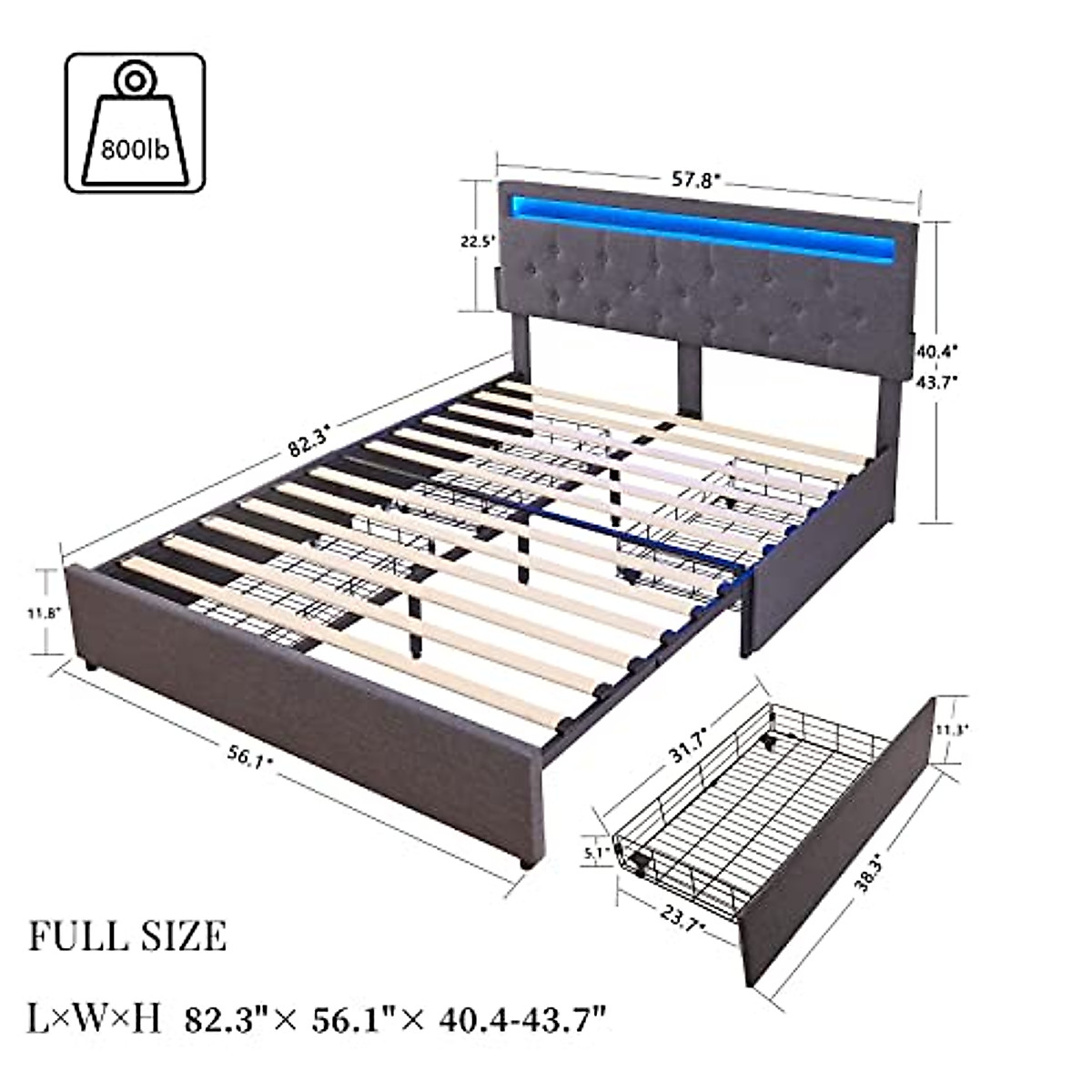 Alohappy Full Size Bed Frame with 4 Drawers, LED Bed Frame with 2 USB Ports and Adjustable Upholstered Headboard, Mattress Foundation with Wooden Slats Support, No Box Spring Needed, Dark Grey