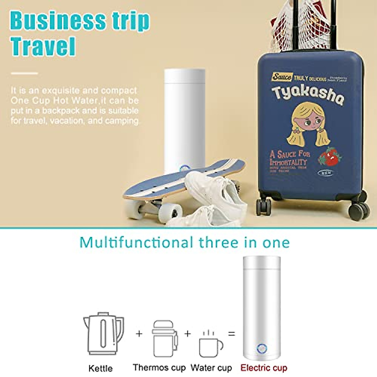 Portable Electric Kettle, 350ml Travel Kettle 304 Stainless Steel Mini Electric Kettle with Auto Shut off & Fast Boil 3-in-1 Portable Tea Kettle JAYWAYNE Travel Water Boiler/Heater/Warmer,White