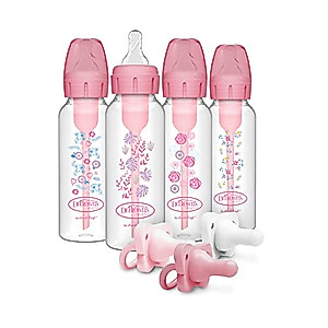 Dr. Brown’s Anti-Colic Options+ Baby Bottles, Narrow, Pink Floral Designs, 8oz, 4 Pack and HappyPaci 100% Silicone Pacifier 0-6m, BPA Free, White, Pink, Light Pink 3-Pack