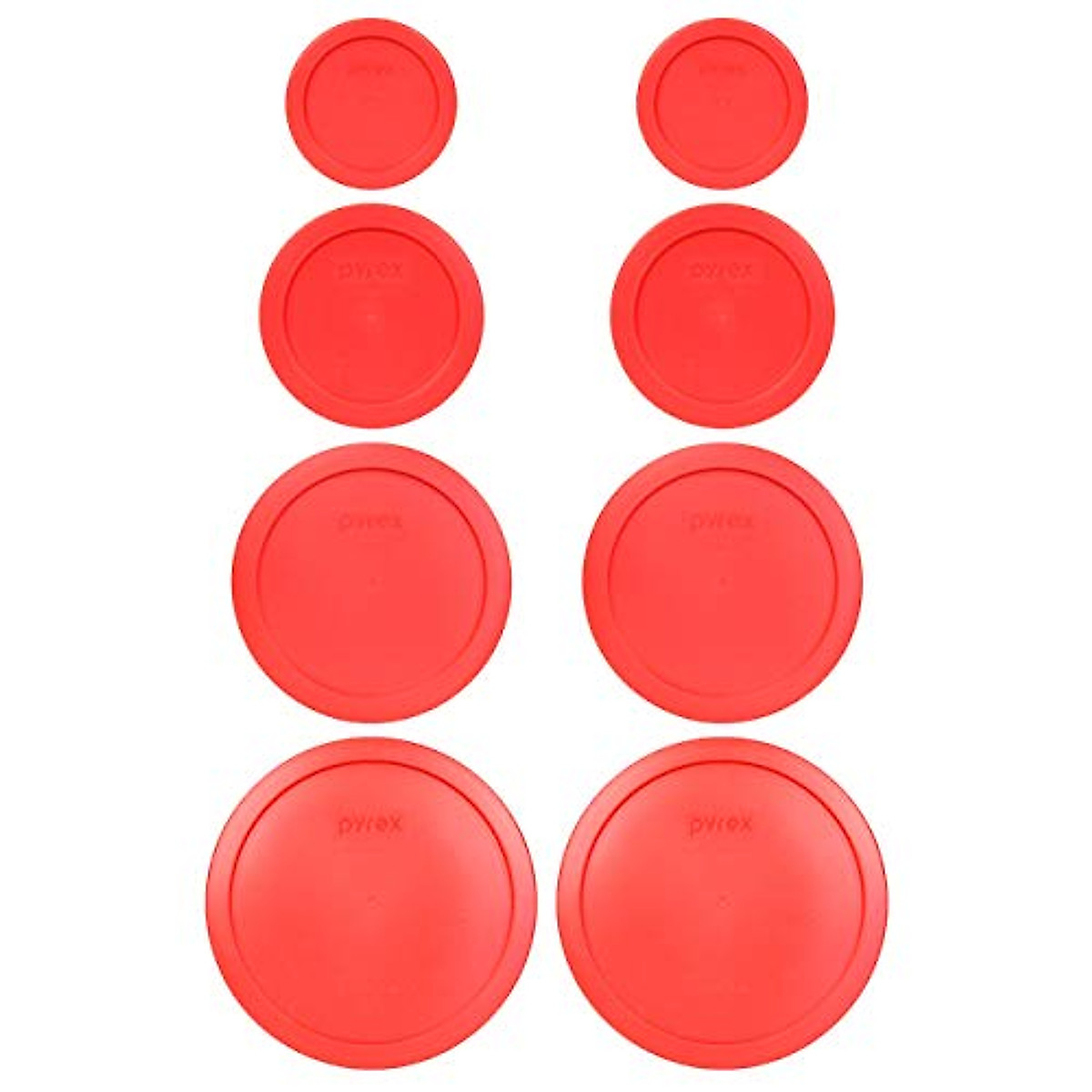 Pyrex (2) 7202-PC 1 Cup, (2) 7200-PC 2 Cup, (2) 7201-PC 4 Cup, (2) 7402-PC 6/7 Cup Red Round Plastic Food Storage Lids, Made in USA
