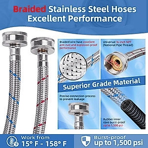 6FT Stainless Steel Washing Machine Hoses 3/4" NPT Connection Red and Blue Braid Water Supply Lines by Fetechmate Hot and Cold Premium Washer Hoses (2 Pack) - 10 YEAR WARRANTY