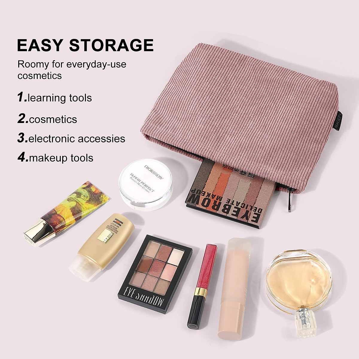 MAGEFY 2 Pcs Makeup Bags for Women, Corduroy Make up Bag for Purse Travel Makeup Bag Small Cosmetic Bags with Zipper Makeup Pouch for Travelling - Dusty Pink