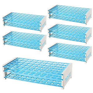 JAPCHET 6 Pack Plastic Test Tube Rack, 50 Holes Test Tube Rack Holder for 13/16mm Tubes, Detachable Stand Bracket Rack for Scientific Experiment, Party Favors, Decoration, Holds 50 Tubes, Blue