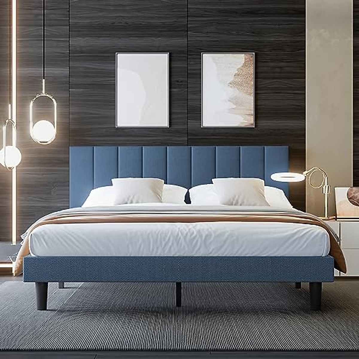 yoyomax Full Size Upholstered Bed Frame Platform with Linen Fabric Headboard and Strong Wooden Slats Support, Non-Slip & Noise-Free, Easy Assembly, No Box Spring Needed, Blue