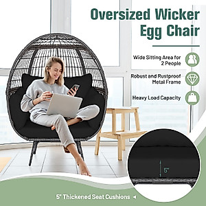 MAT EXPERT Oversized Egg Chair, Wicker Patio Basket Circle Lounge Chair w/Metal Stand & 4 Thick Cushions, PE Rattan Egg Lounger Outdoor Indoor for Backyard, Balcony, Living Room (Black)