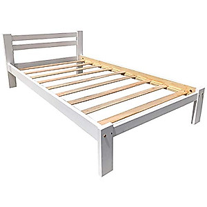 Amazonas Twin Size Bed Frame Solid Pine Wood and Hardwood Slats Support White Finish Wooden White Kids Bed Single Suitable for Boys Girls Bedroom Wooden Bed Frame