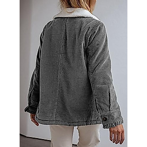 Dokotoo Womens Casual Jackets Winter Warm Thick Sherpa Lined Corduroy Jacket Teddy Bear Button Down Fleece Fluffy Lapel Collar Ruffle Long Sleeve Cute Fall Coat Outwear with Pockets Gray XL